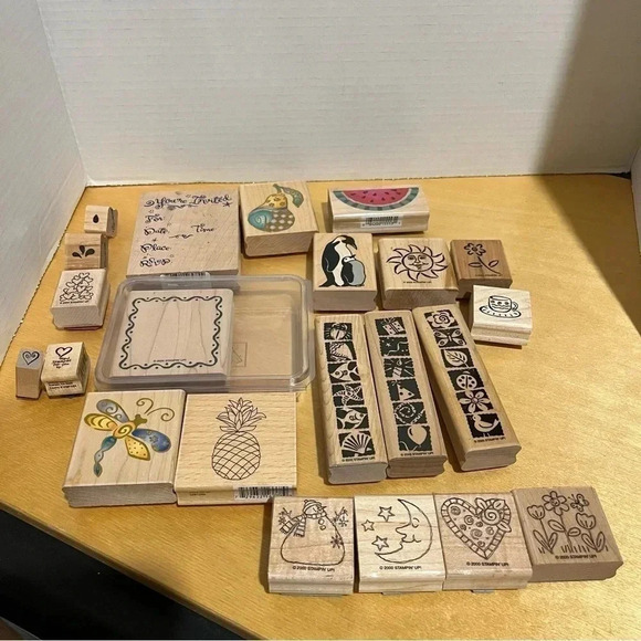 Office | 4 Wooden Mounted Rubber Stamp And Plastic Stamps Lot Various ...